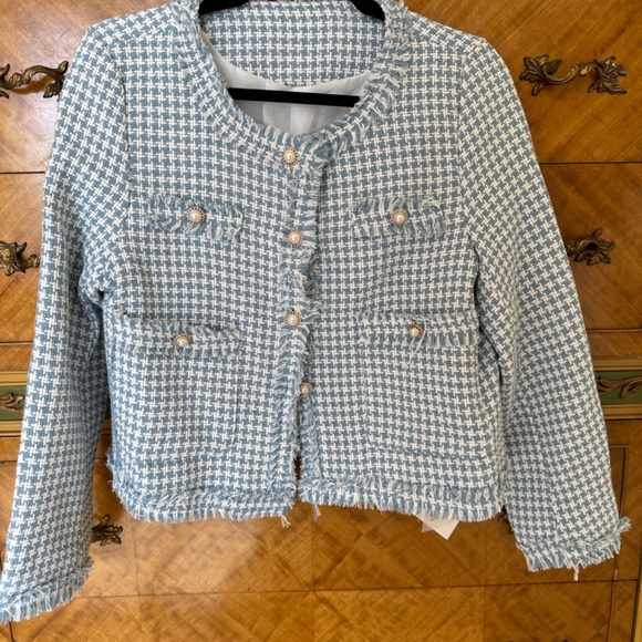 J.ING | Jackets & Coats | Nwt Jing Blue And White Houndstooth Tweed ...